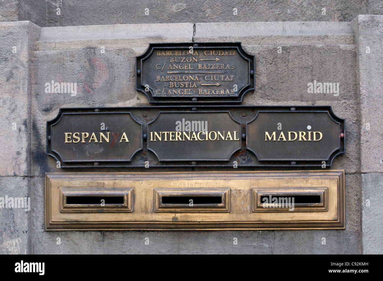 Bronze post boxes on the exterior of the main post office Correos on ...