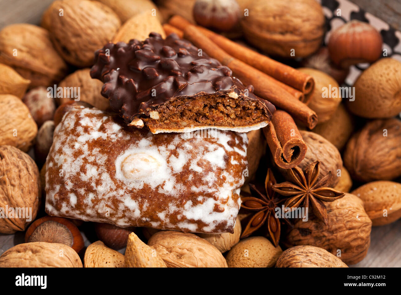 traditional german gingerbread cookies upon nuts and spices Stock Photo ...