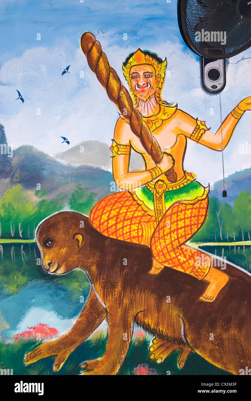 Wall painting of deity holding bat on monkey, Wat Mixay, Vientiane, Lao ...