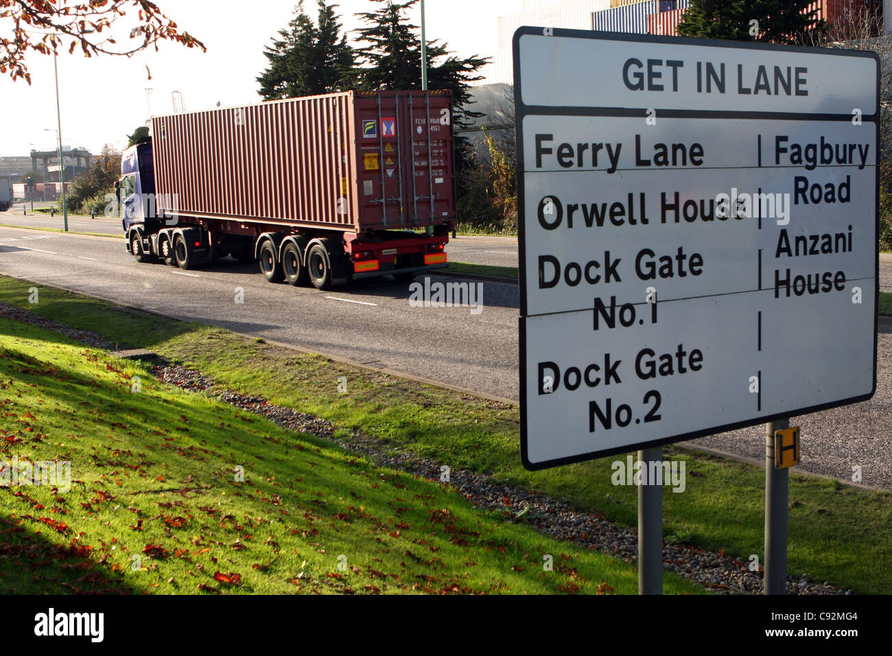 container truck following directions to the Port of Felixtsowe Stock ...