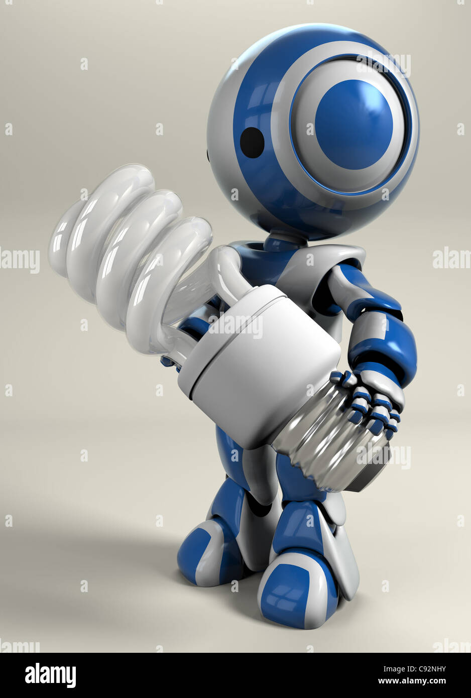 A blue robot holding a compact energy saver bulb Stock Photo - Alamy