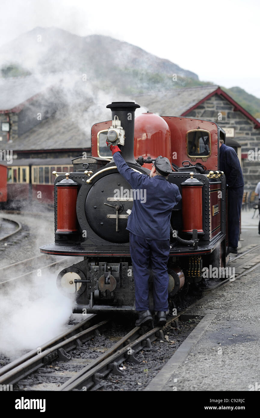 train driver attaching lamp to double fairlie steam locomotive Dafydd ...