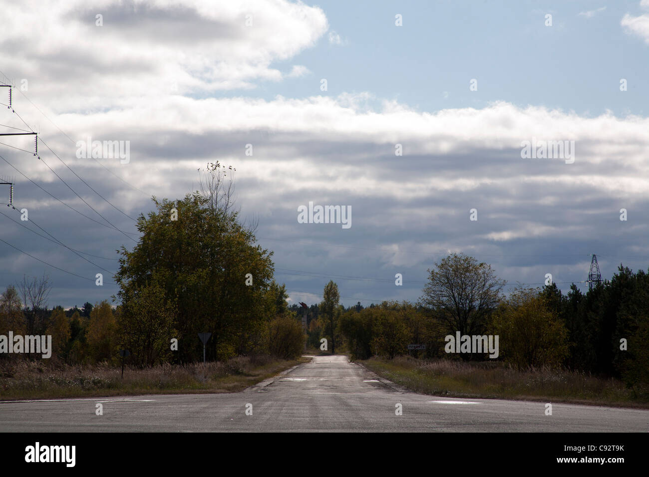 Empty road through the 10 km exclusion zone Chernobyl Ukraine Stock ...