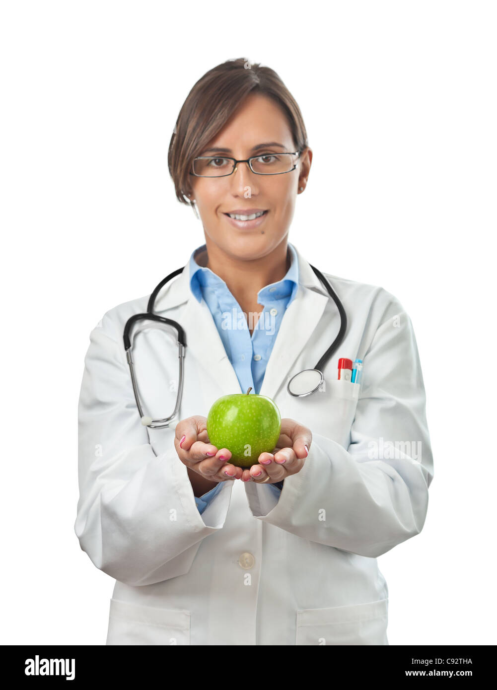 Doctor Showing an apple with both hands as a perfect healthy eating ...
