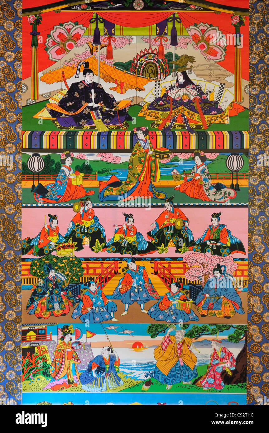 A piece of Japanese art depicting tradional scenes of Emperors and ...