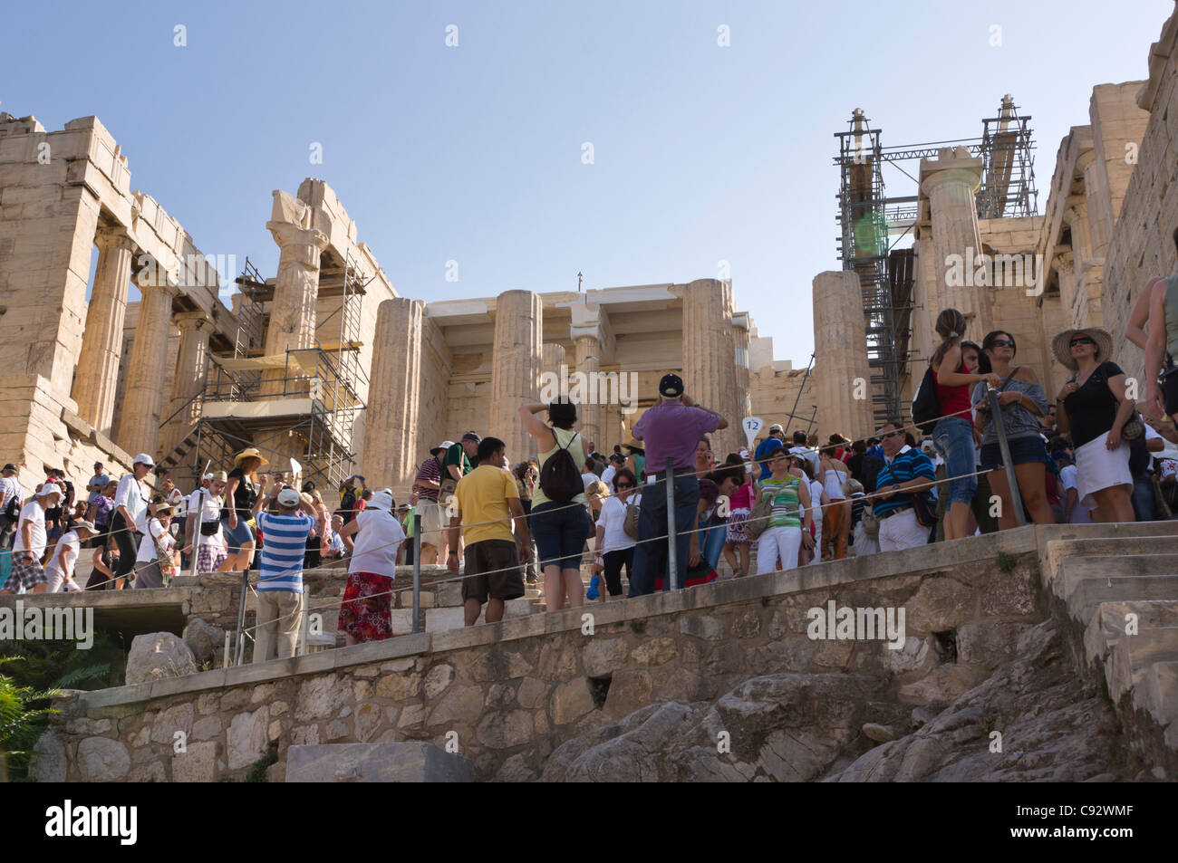 Athens - the Acropolis, Parthenon. Busy with groups of tourists from ...