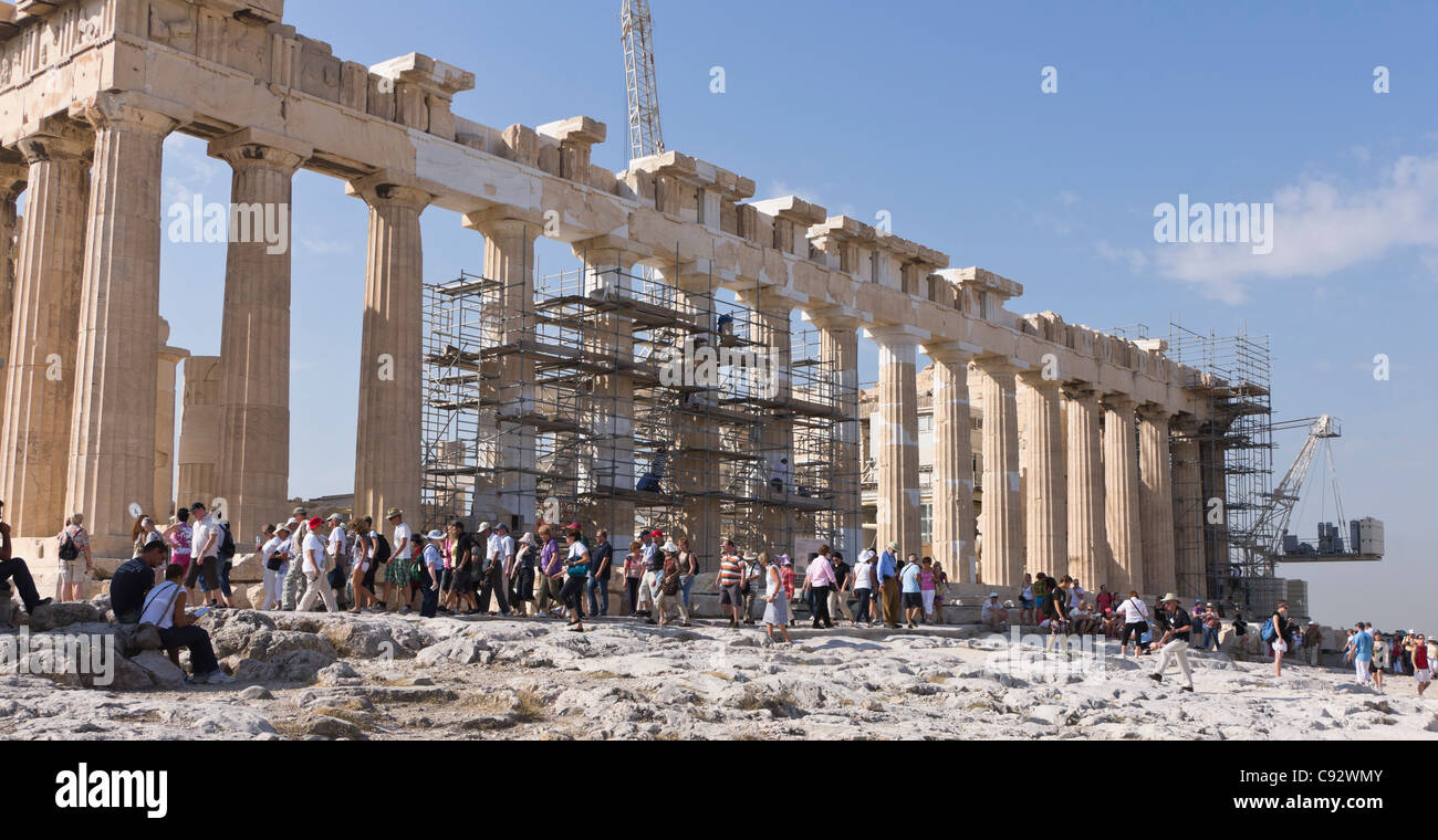 Athens - the Acropolis, Parthenon. Busy with groups of tourists from ...