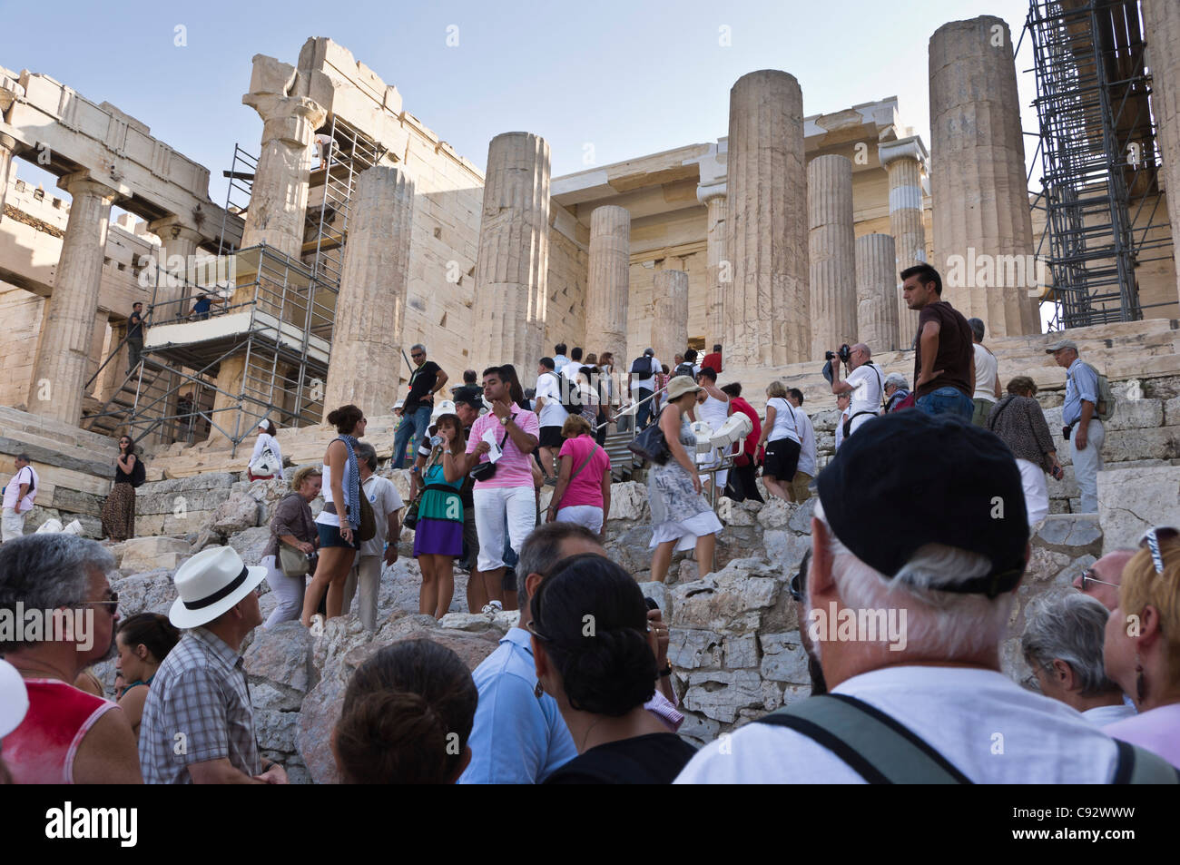 Athens - the Acropolis, Parthenon. Busy with groups of tourists from ...