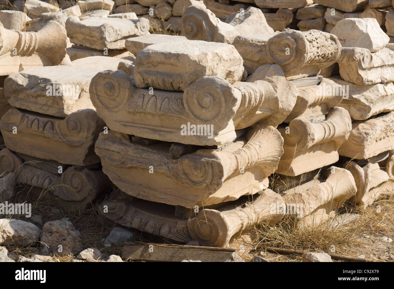 Athens - the Acropolis, Parthenon. Stone from columns to be renovated ...