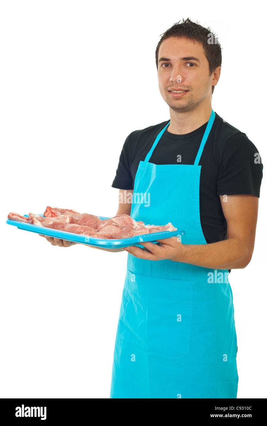 Market worker holding raw meat isolated on white background Stock Photo ...