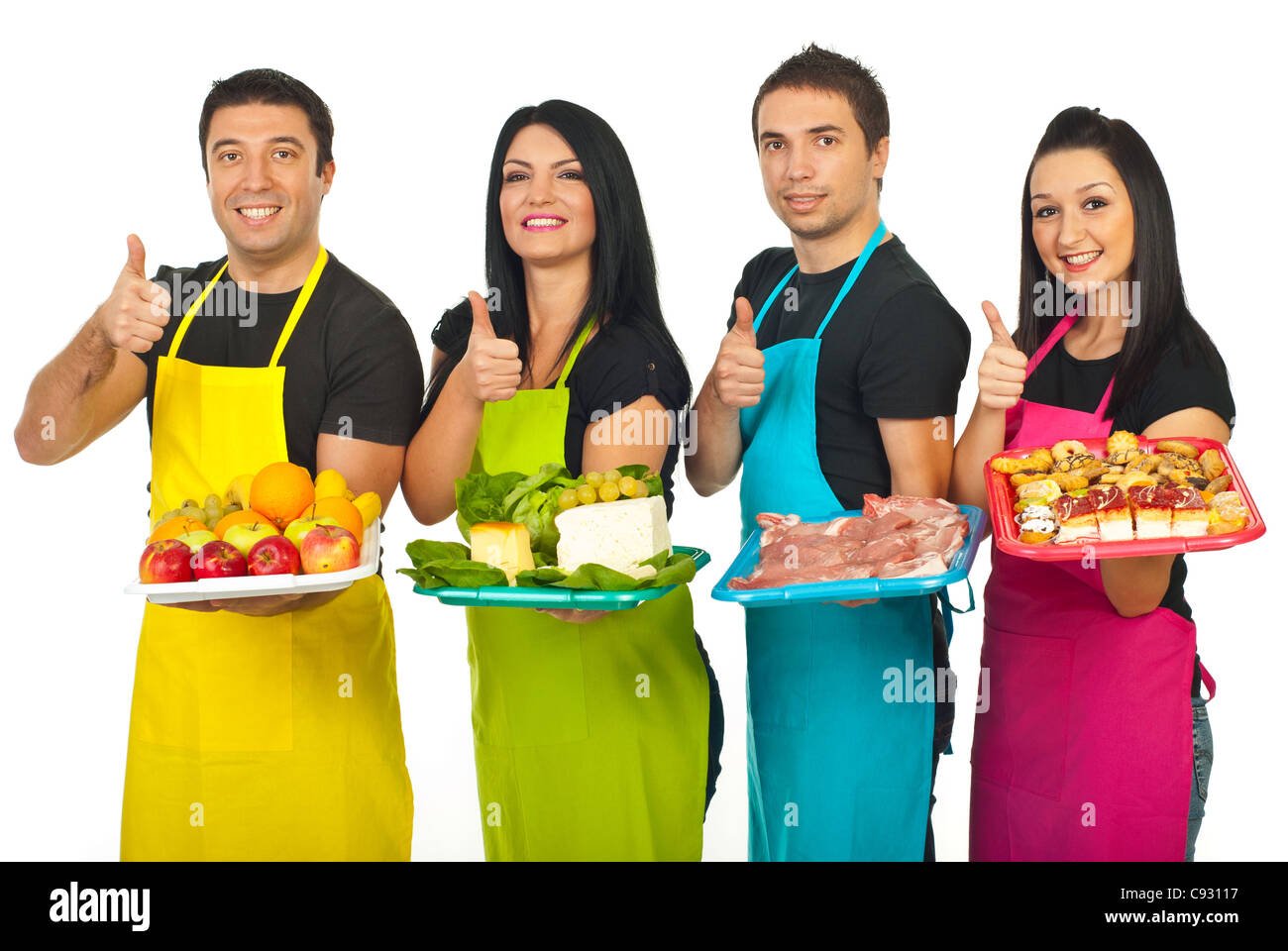 Successful market workers holding fresh products and giving thumbs up ...