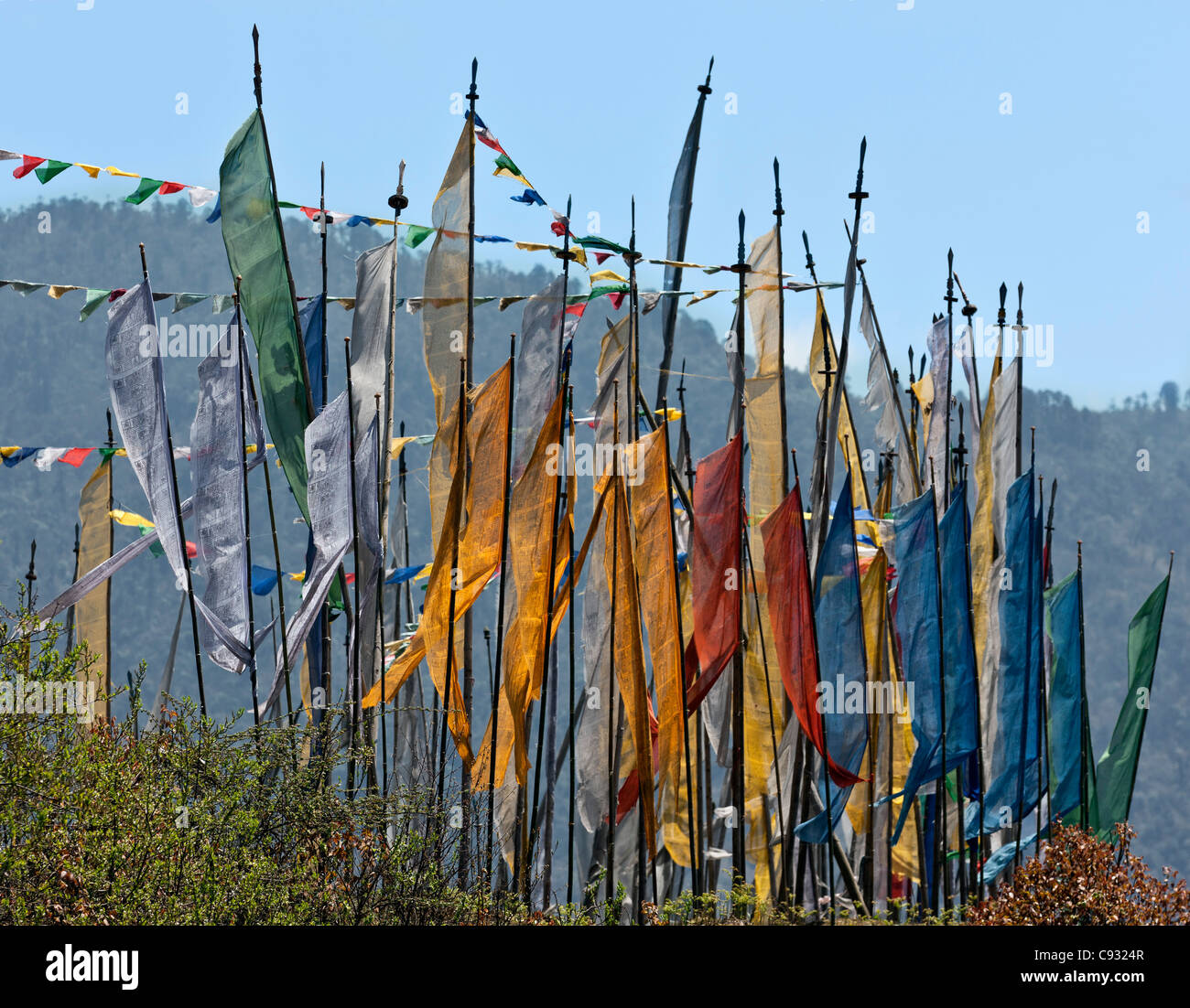 Buddhist flags on hill hi-res stock photography and images - Alamy