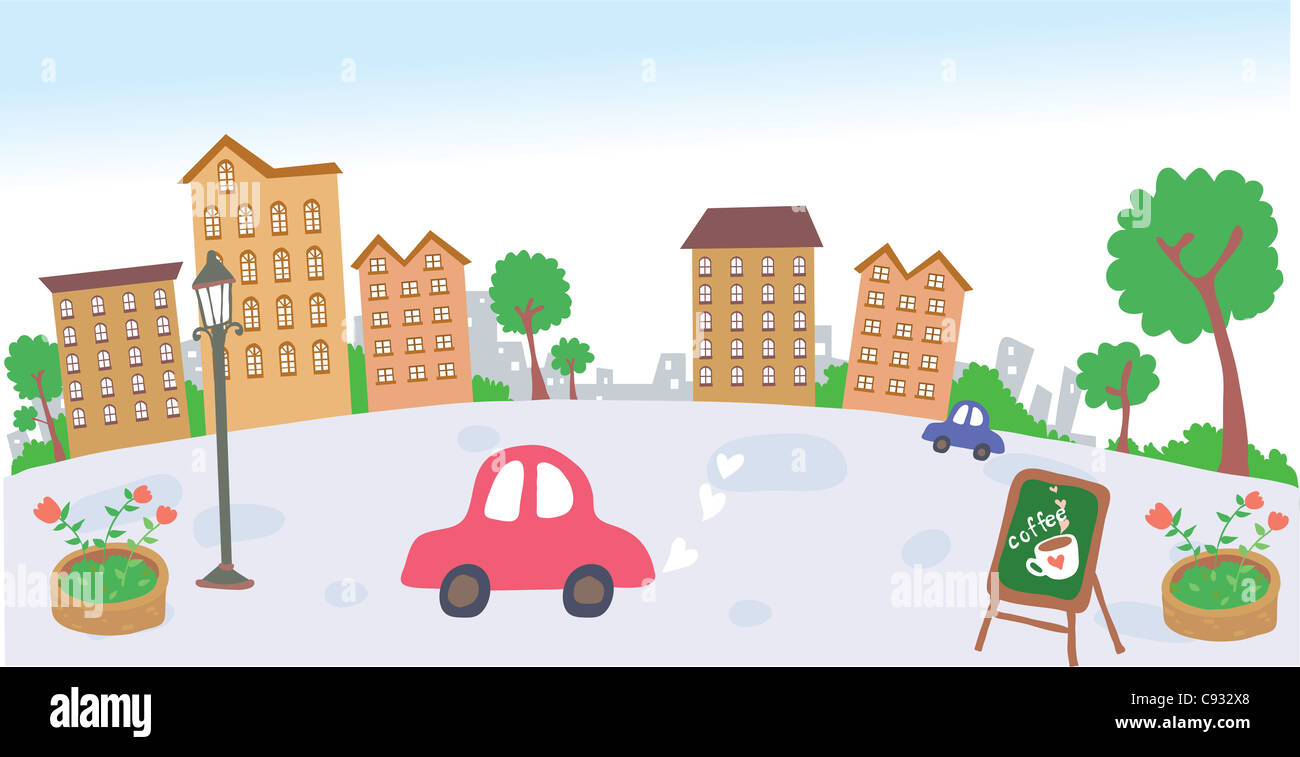 Illustration of cars on road with coffee sign Stock Photo - Alamy