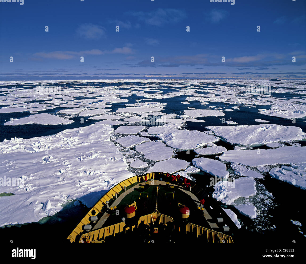 Bow of Russian icebreaker sailing through pack ice in Ross Sea ...