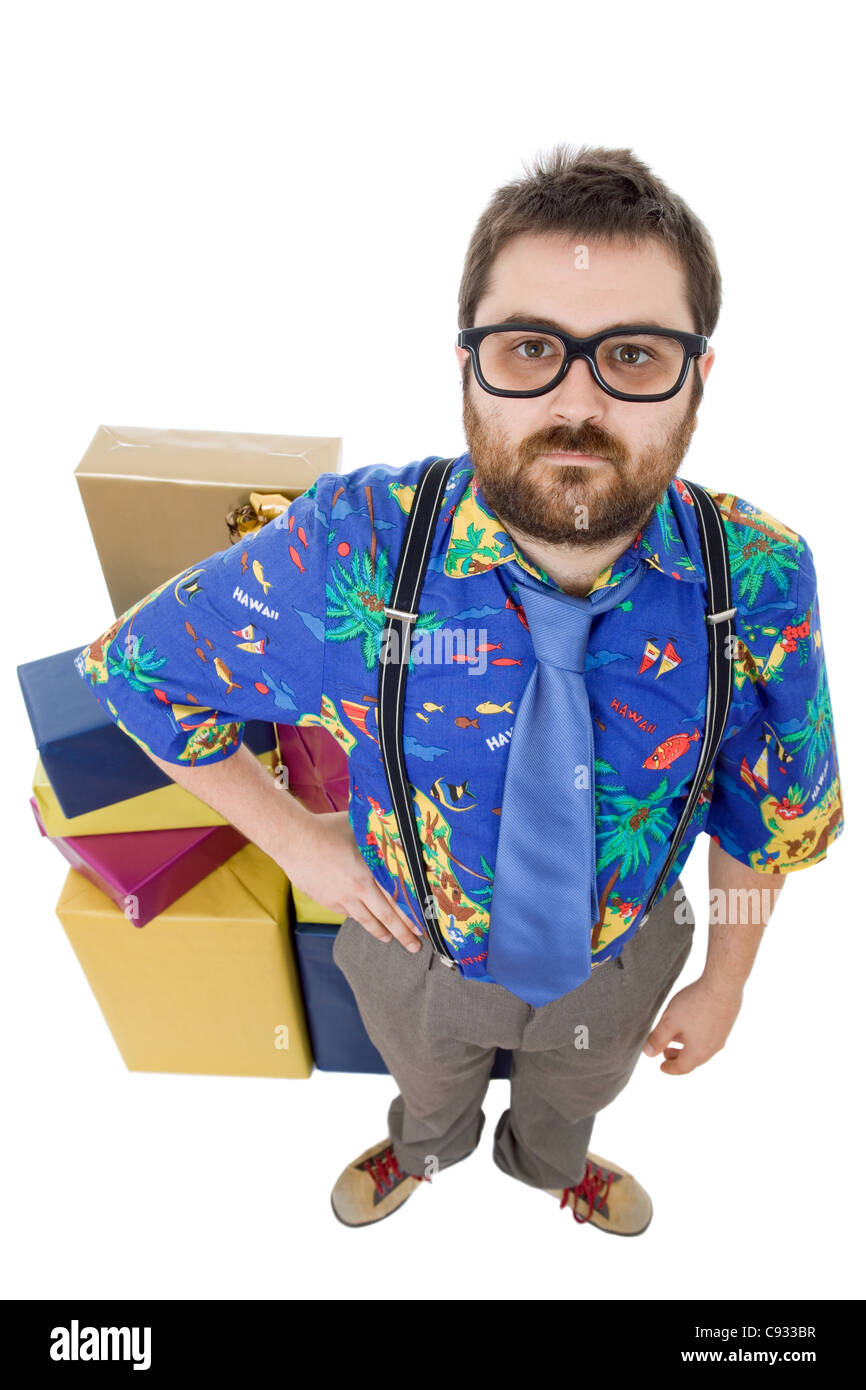 happy silly salesman with some boxes, isolated on white Stock Photo - Alamy