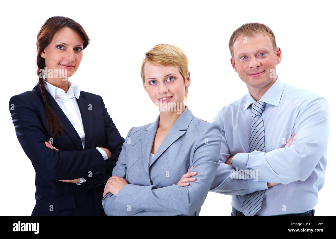 Portrait of friendly business team posing in front of camera Stock ...