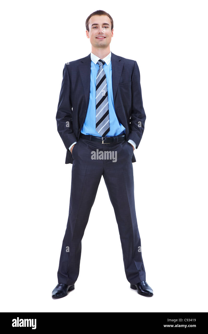 Photo of smart businessman in suit posing in front of camera over white ...