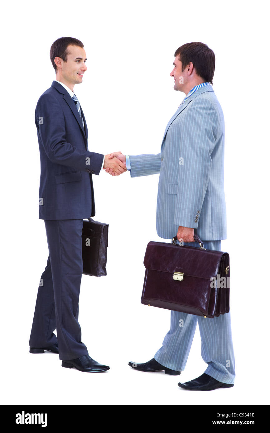 Photo of smart businessmen with briefcases handshaking on white ...