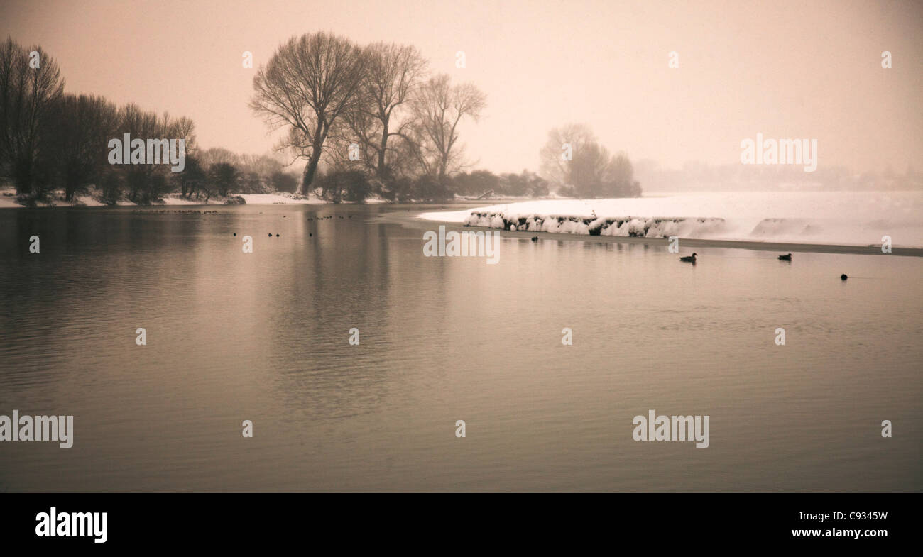UK, Oxford. A winter scene along the Thames by Port Meadow, on the ...