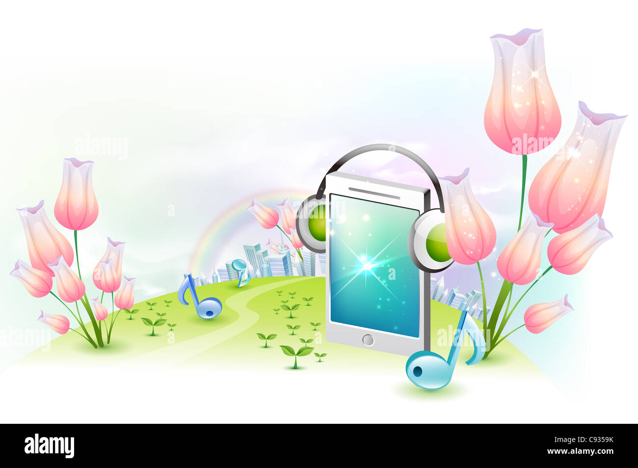 Mobile phone wearing headphone with musical note Stock Photo - Alamy