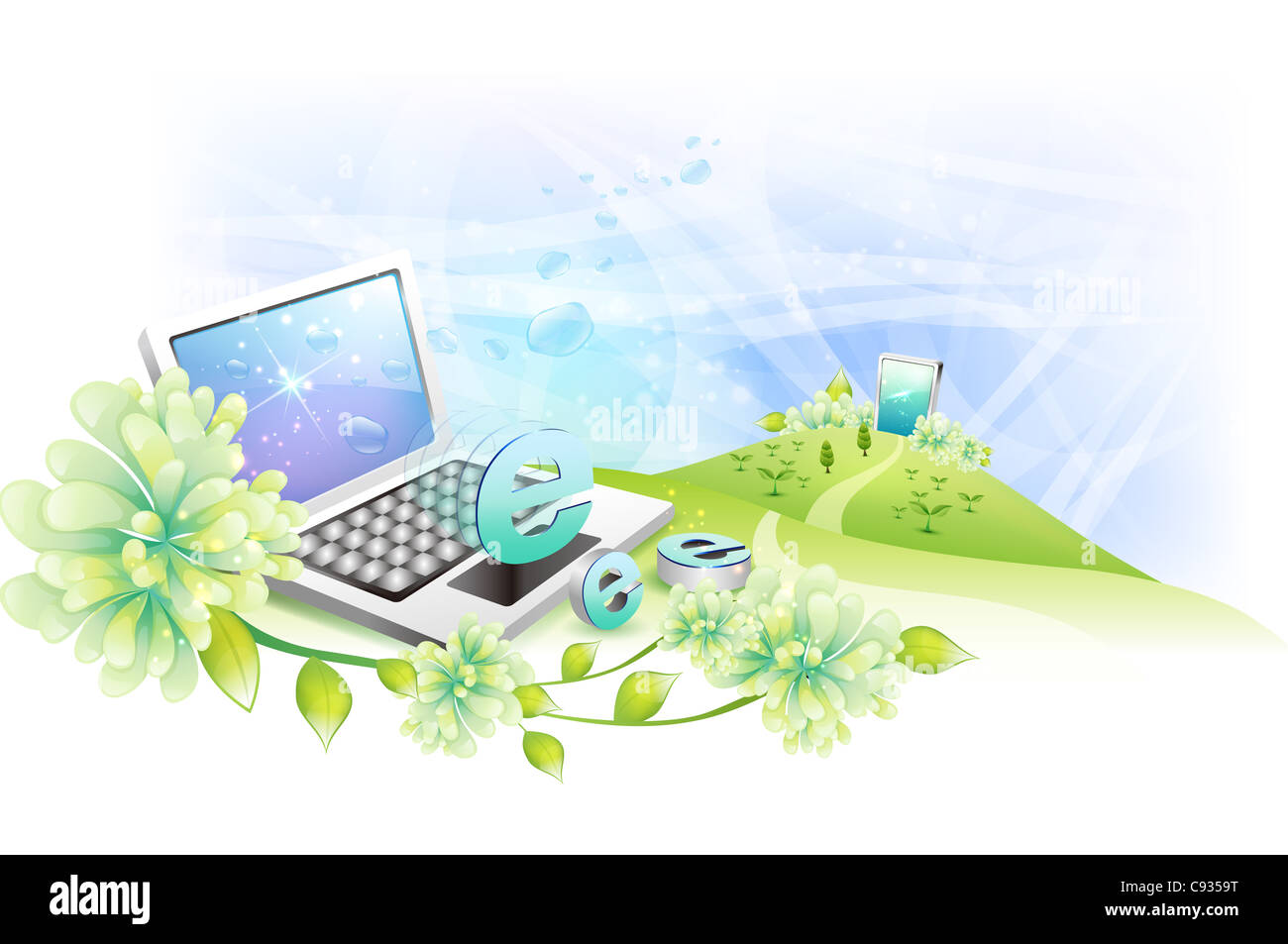 Internet symbol e on laptop computer with mobile phone in the ...