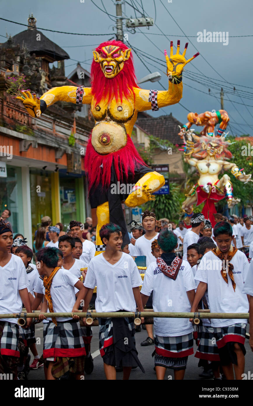 Bali, Ubud. Huge Ogoh-ogoh monsters are paraded through the streets of ...