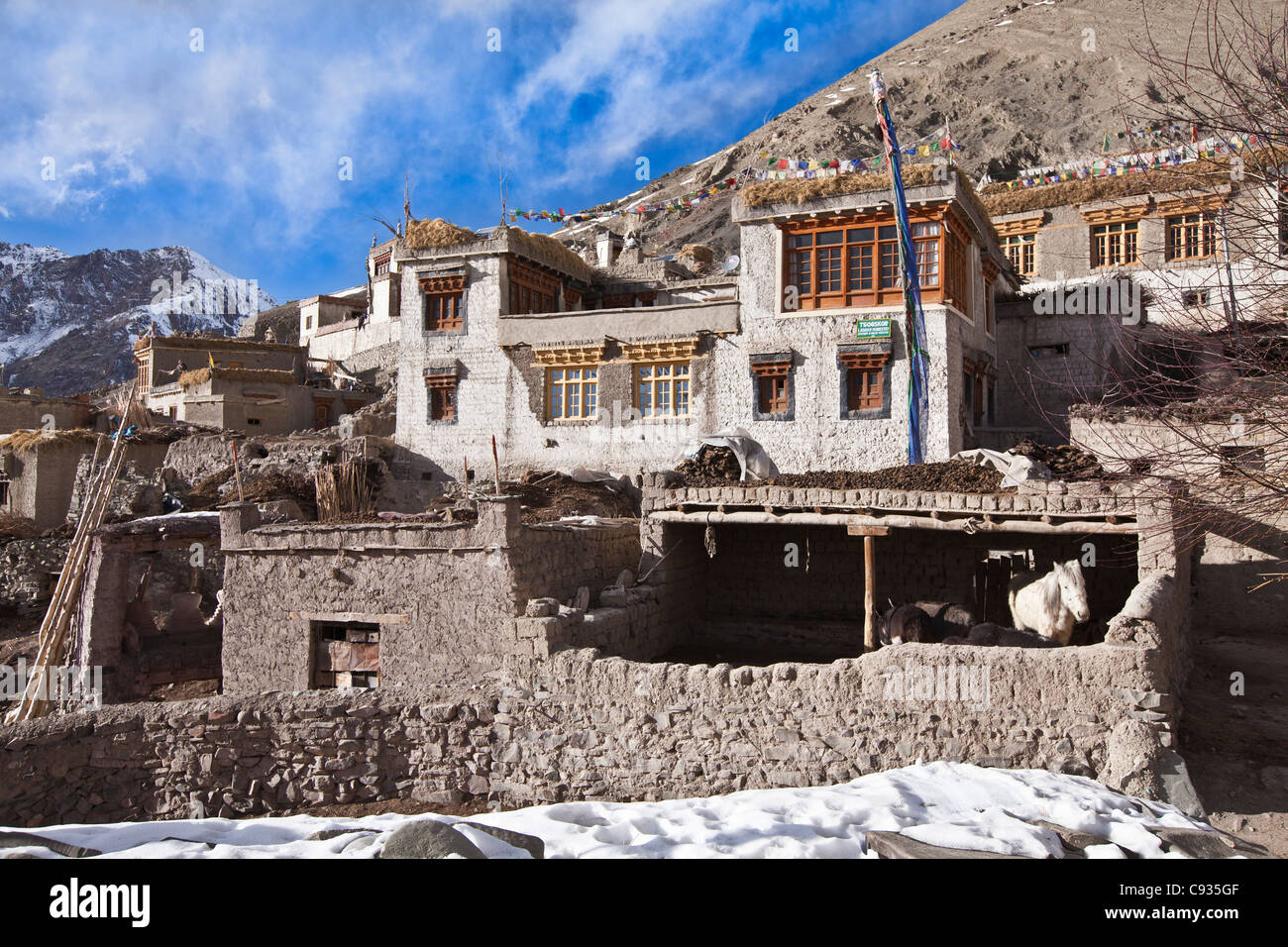 India, Ladakh, Rumbak. A homestay house in Rumbak Village, with fodder ...