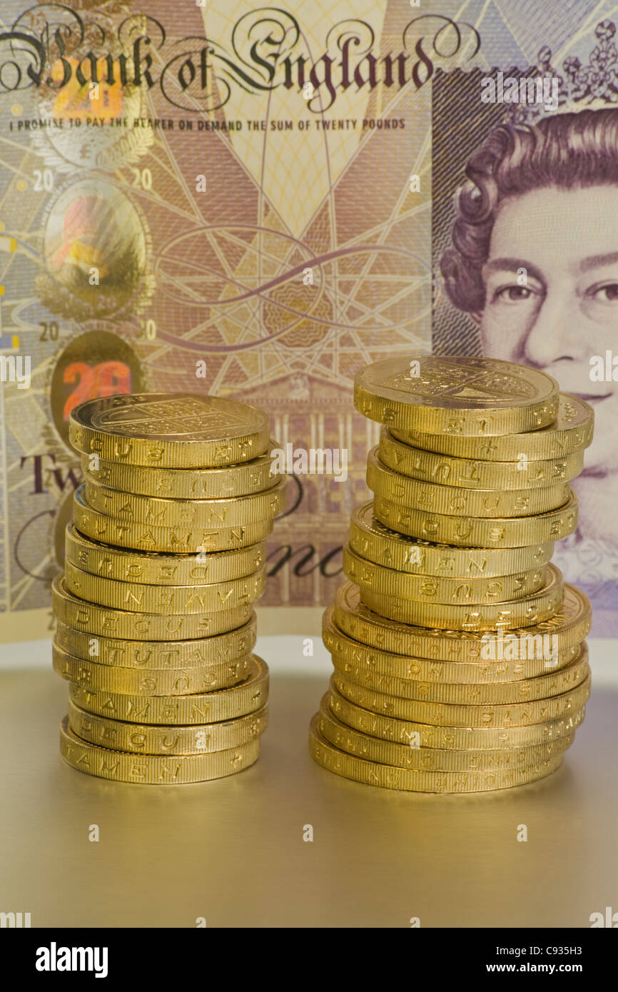 One and two pound coins in two stacks in front of twenty pound note ...