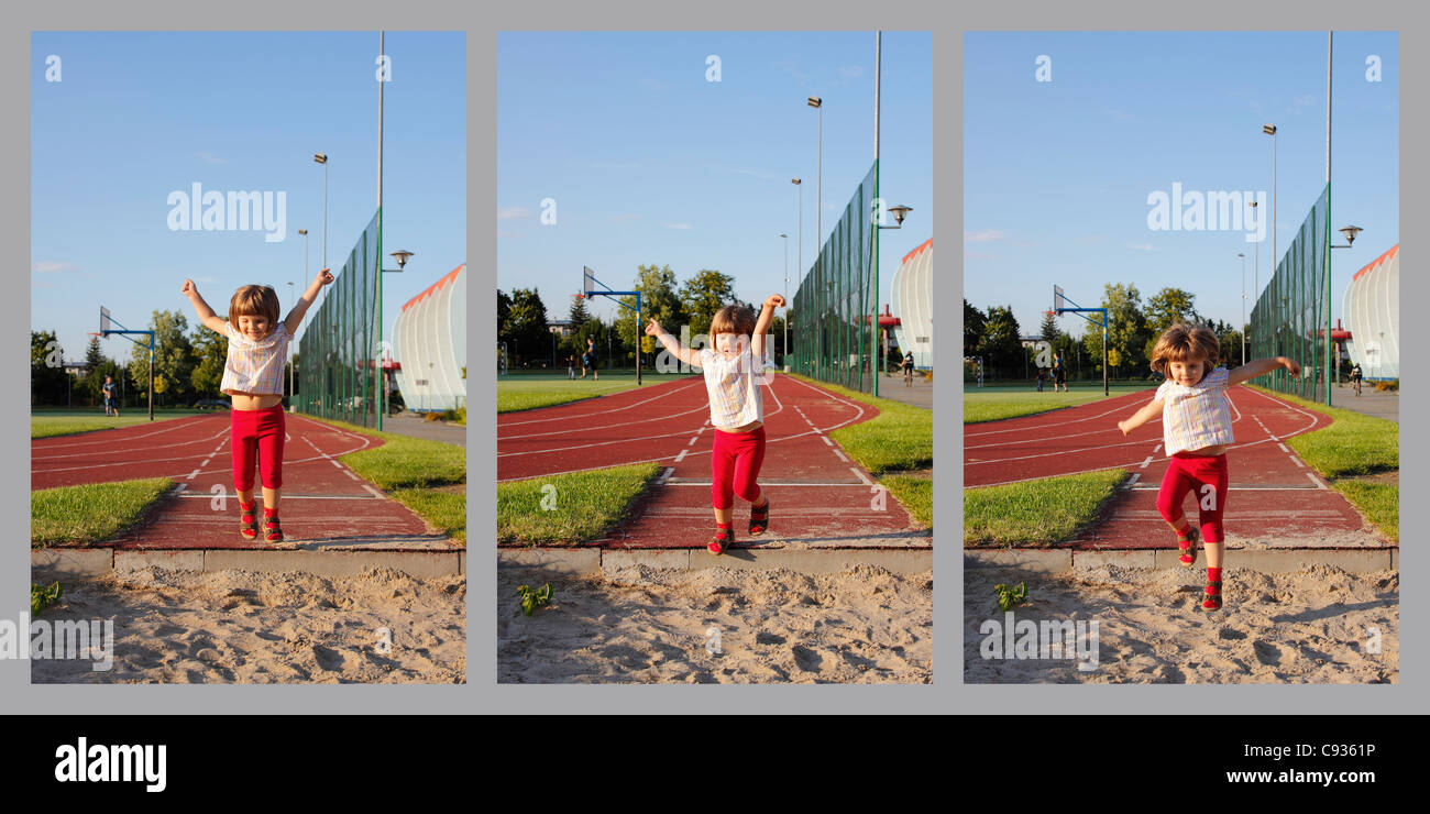 Sequence of 3 year old girl practicing the long jump Stock Photo - Alamy