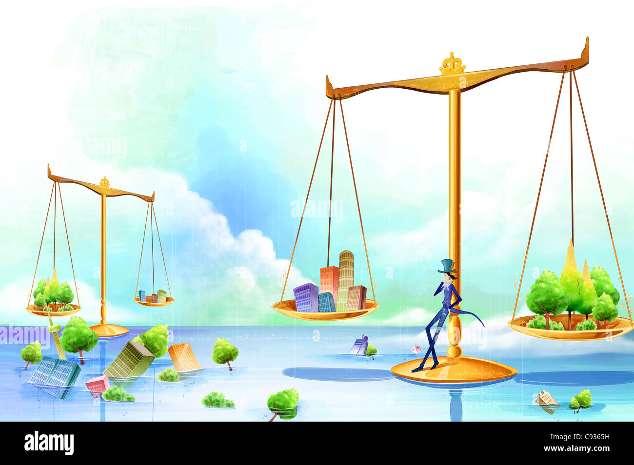 Illustration of set of scales with trees on one side with buildings on ...