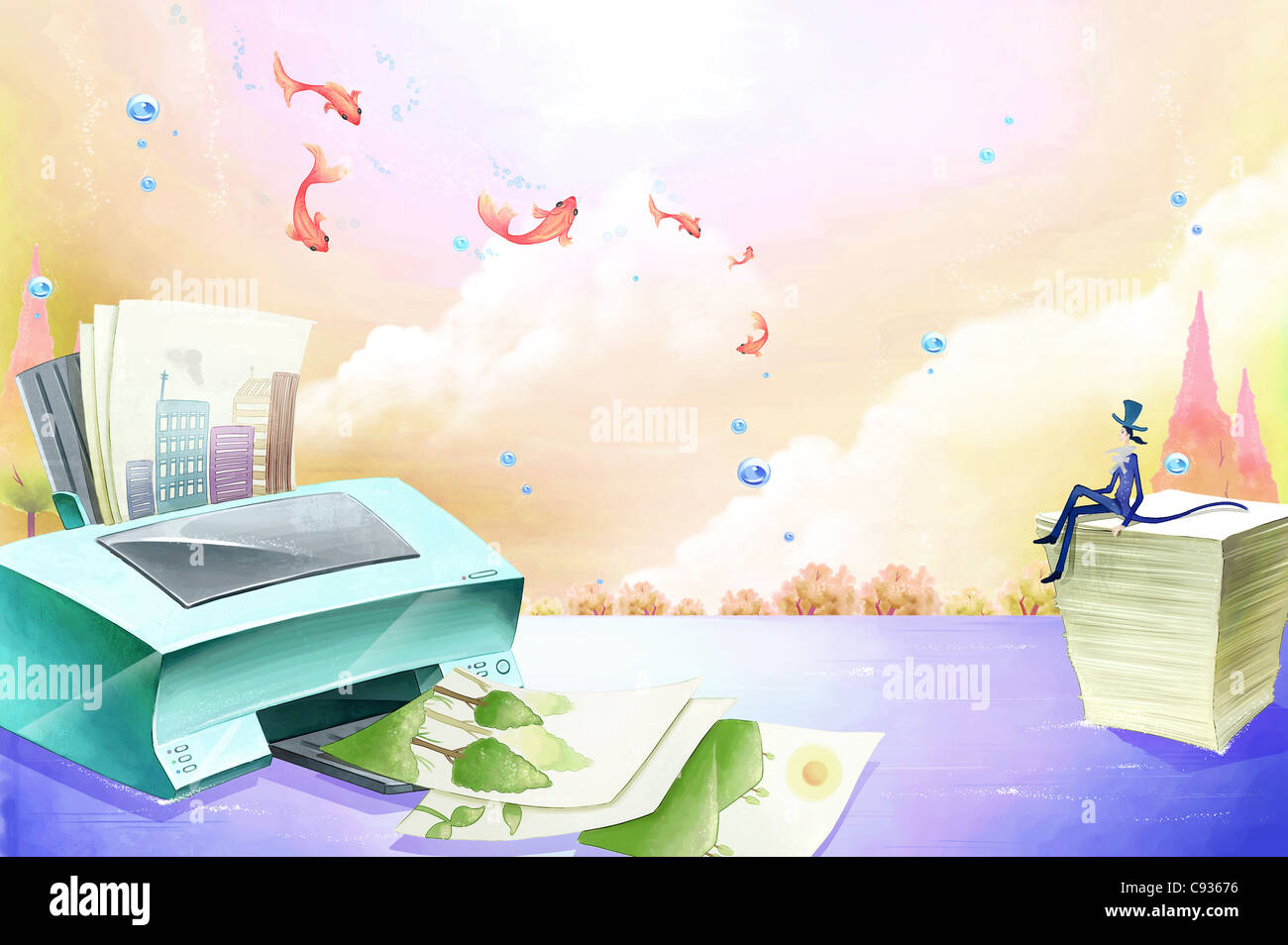 Print copies coming out from printer with man sitting on stack of paper ...