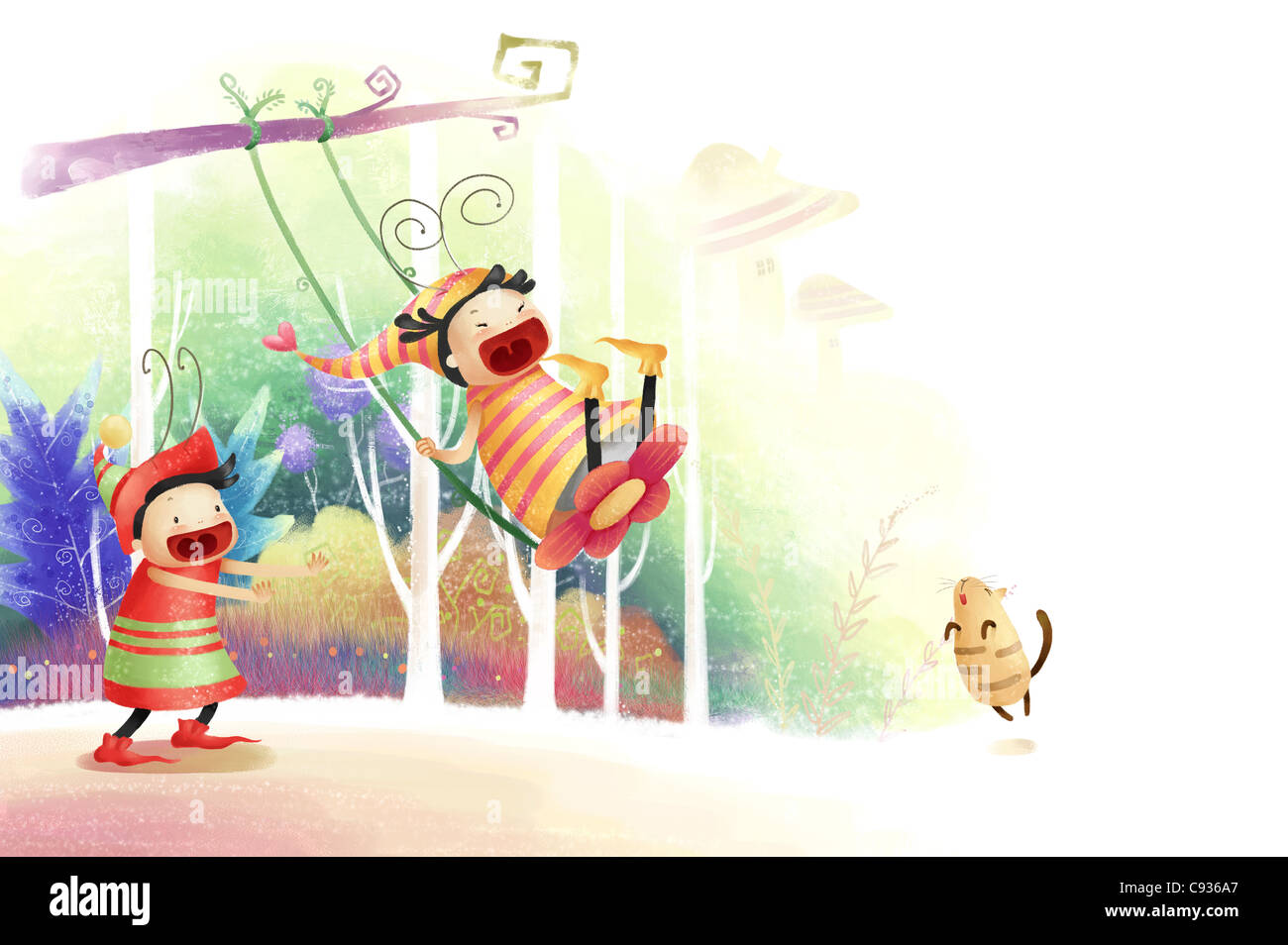 Boy pushing his friend on a swing Stock Photo - Alamy