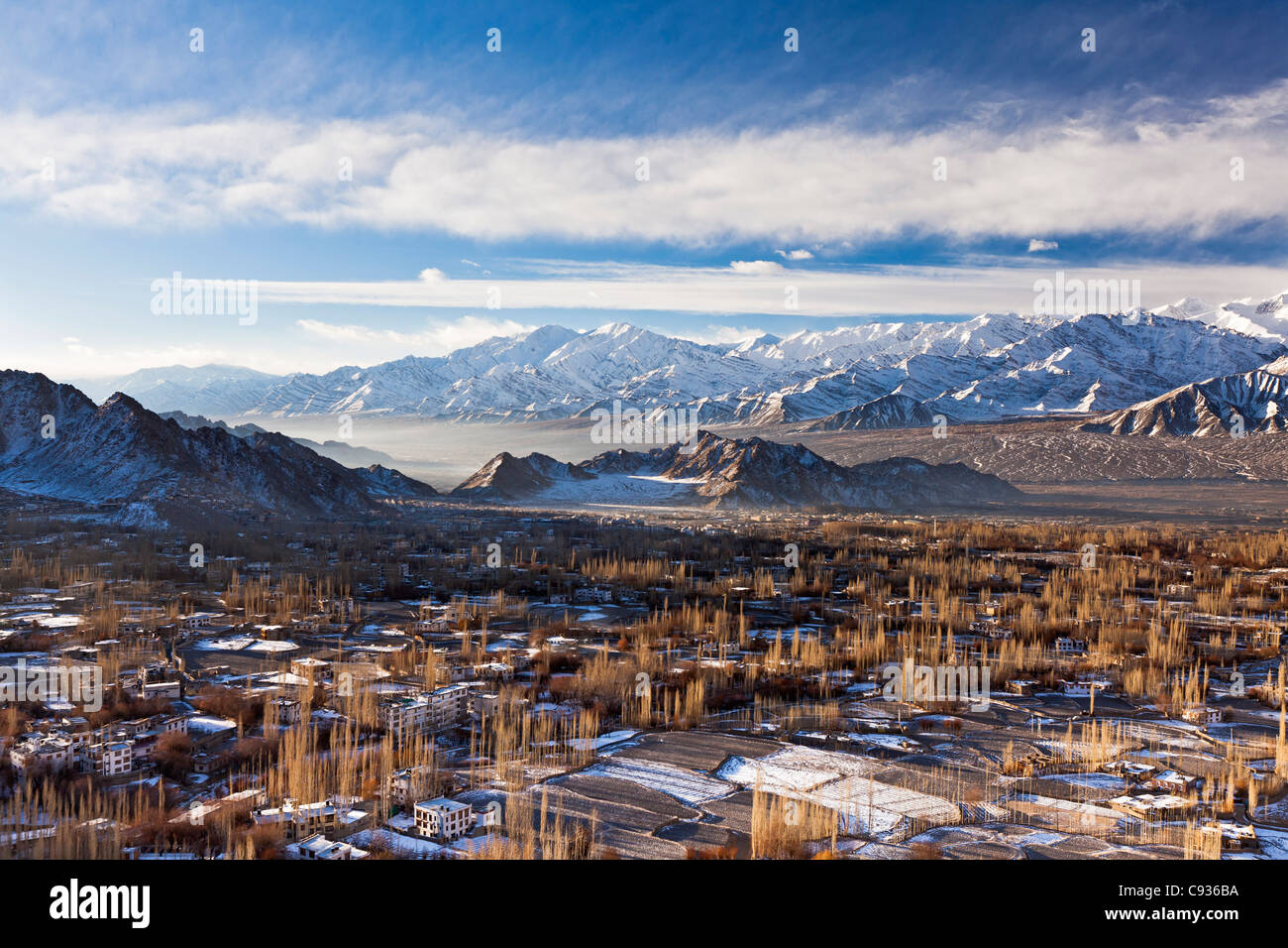 India, Ladakh, Leh. Looking out over Leh, capital of Ladakh, down the ...