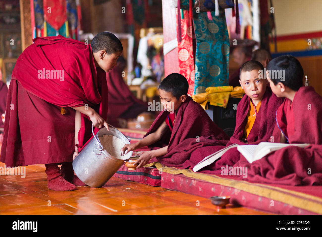 India, Ladakh, Thiksey. Young novice monks having a tsampa breakfast at ...
