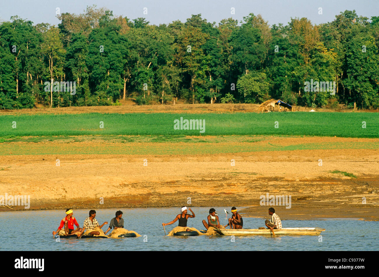 India, Madhya Pradesh, Tawa River. Village fisherman on the Tawa River ...