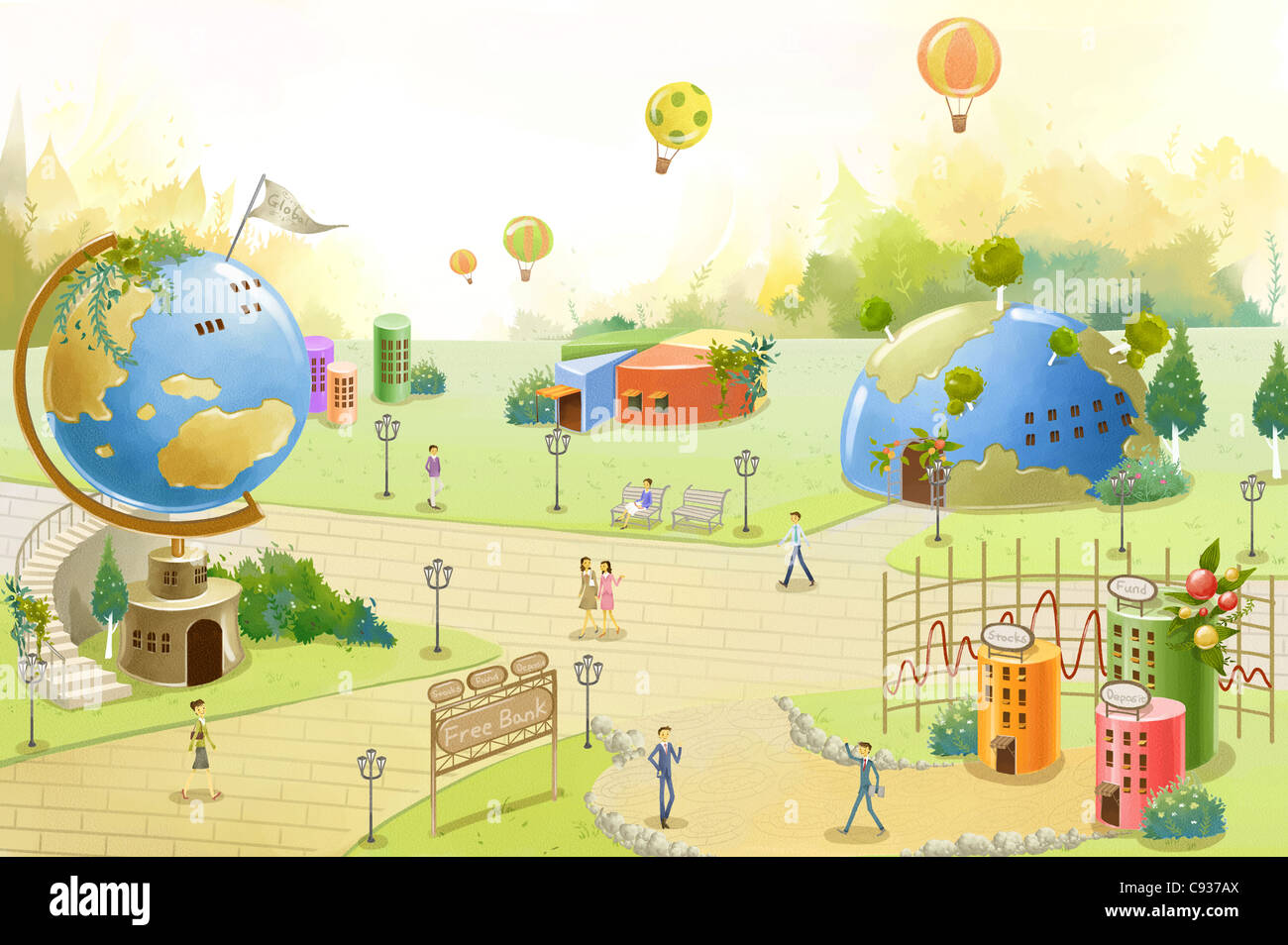 Globe bar diagram with pie diagram shape buildings, elevated view Stock ...