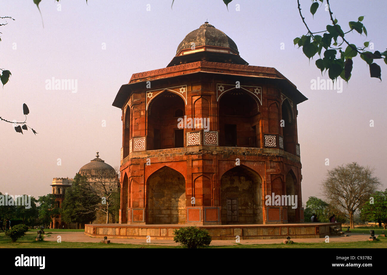 India, New Delhi. The Sher Mandal, an octagonal tower of red sandstone ...