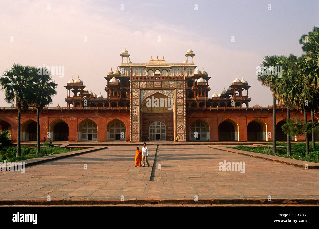 India, Uttar Pradesh, Sikandra. The distinctive red sandstone mausoleum ...