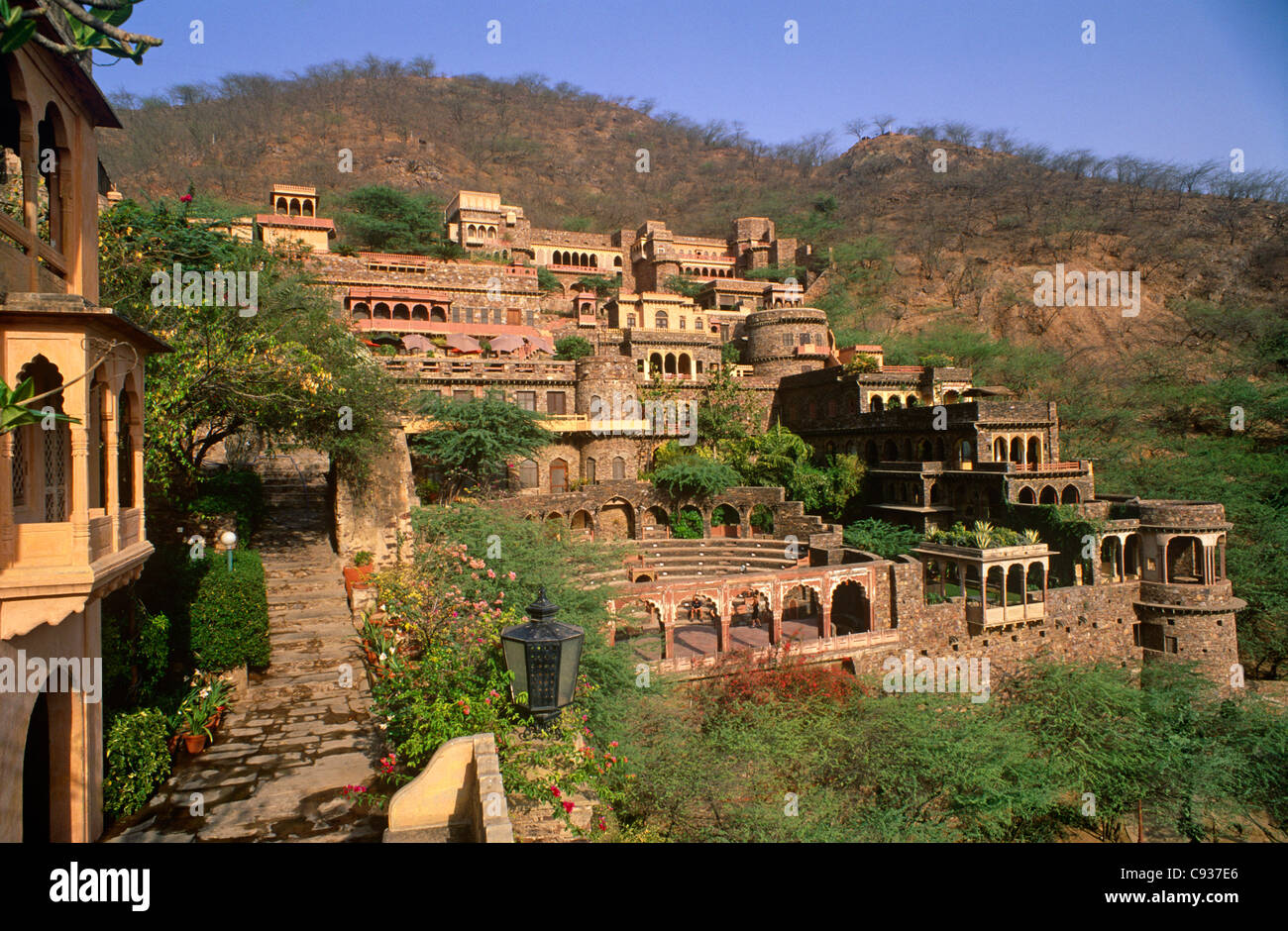 India, Rajasthan, Neemrana. The Neemrana Fort-Palace Hotel comprises a ...