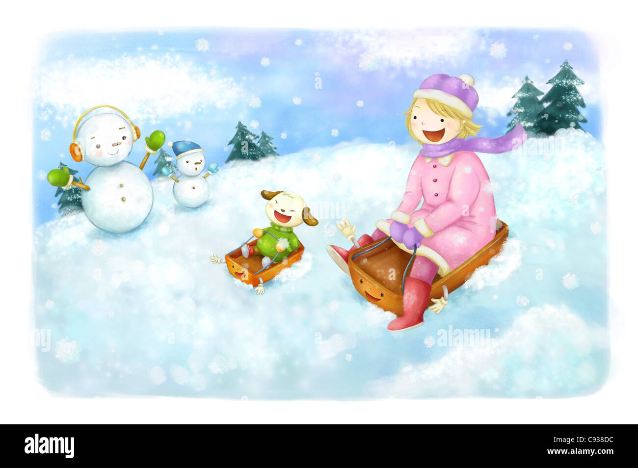 Girl sliding over the snow in a sleigh Stock Photo - Alamy