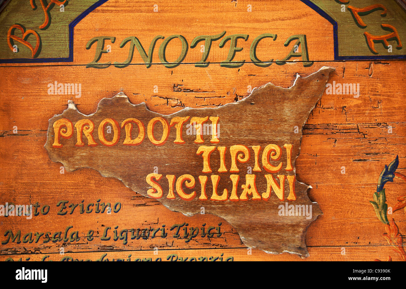 Sicily, Italy, Western Europe; Sign for an 'Enoteca' selling typical ...