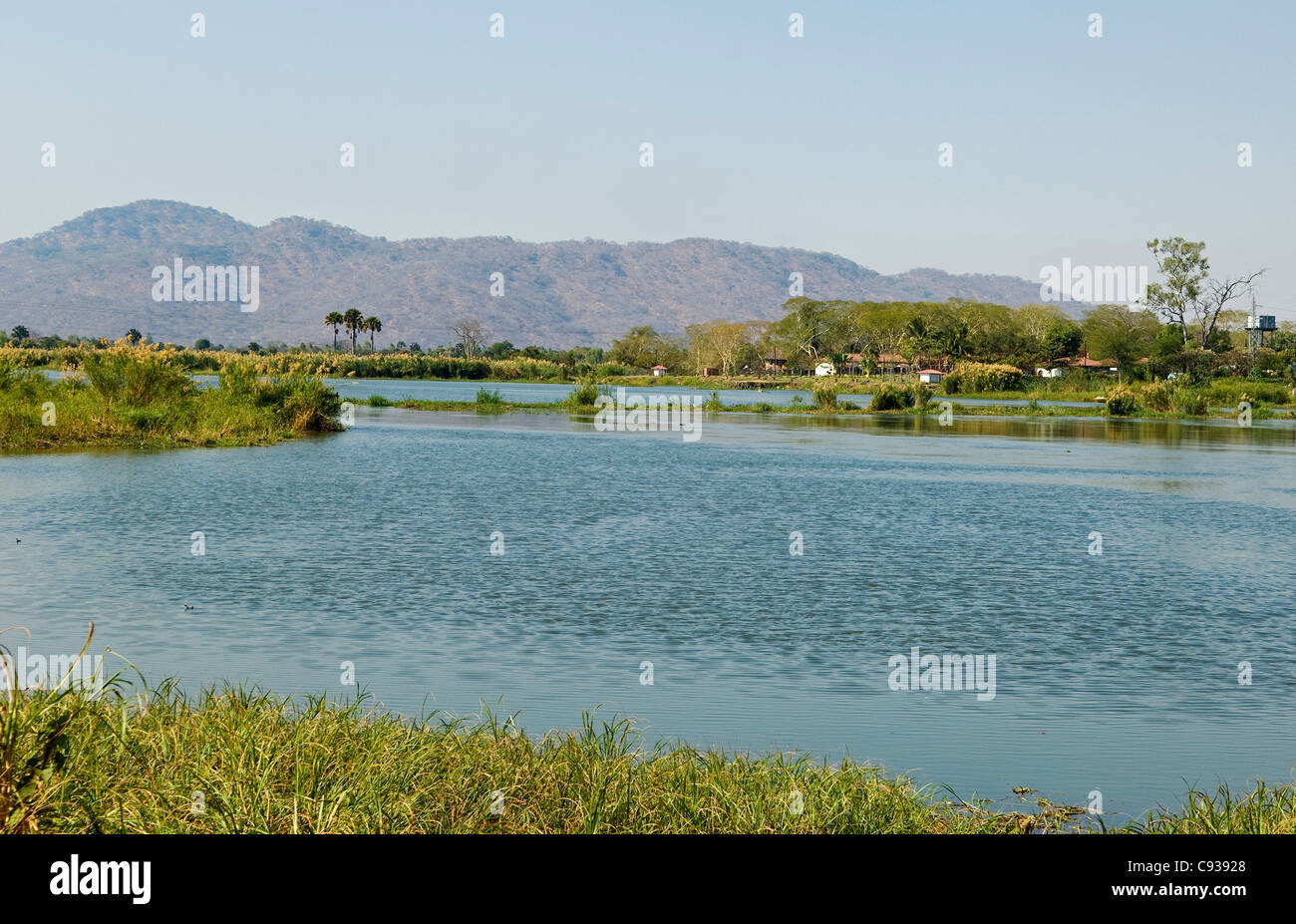Malawi, Liwonde. View downstream along the Shire River from the barrage ...