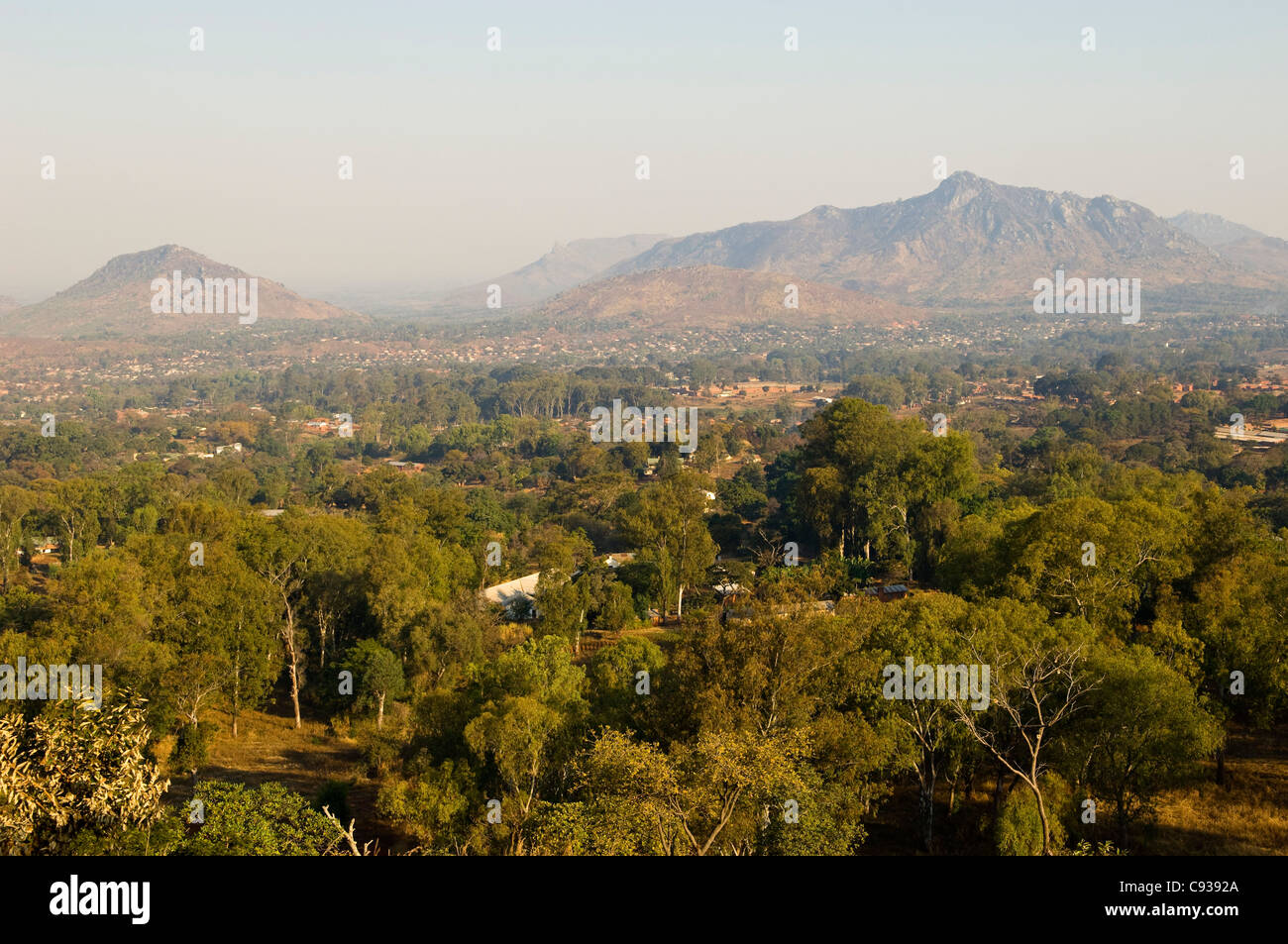 Malawi, Zomba. View over the town of Zomba from the lower slopes of ...