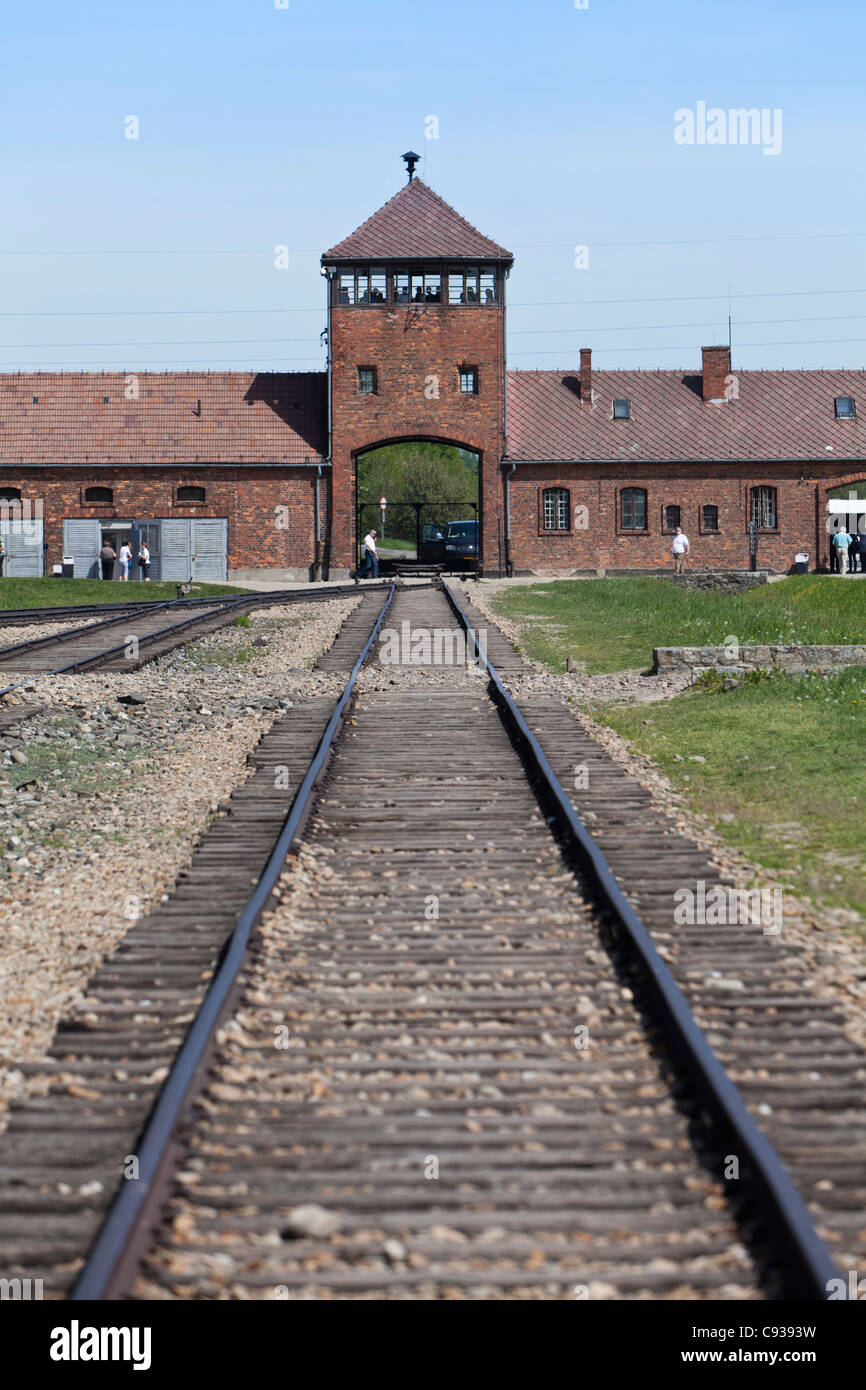 Poland, Brzezinka, Auschwitz II - Birkenau. The entrance gate at ...