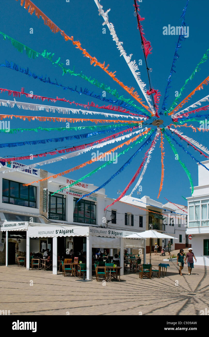 Fiesta decoration in square at Fornells, Menorca, Balearics, Spain ...