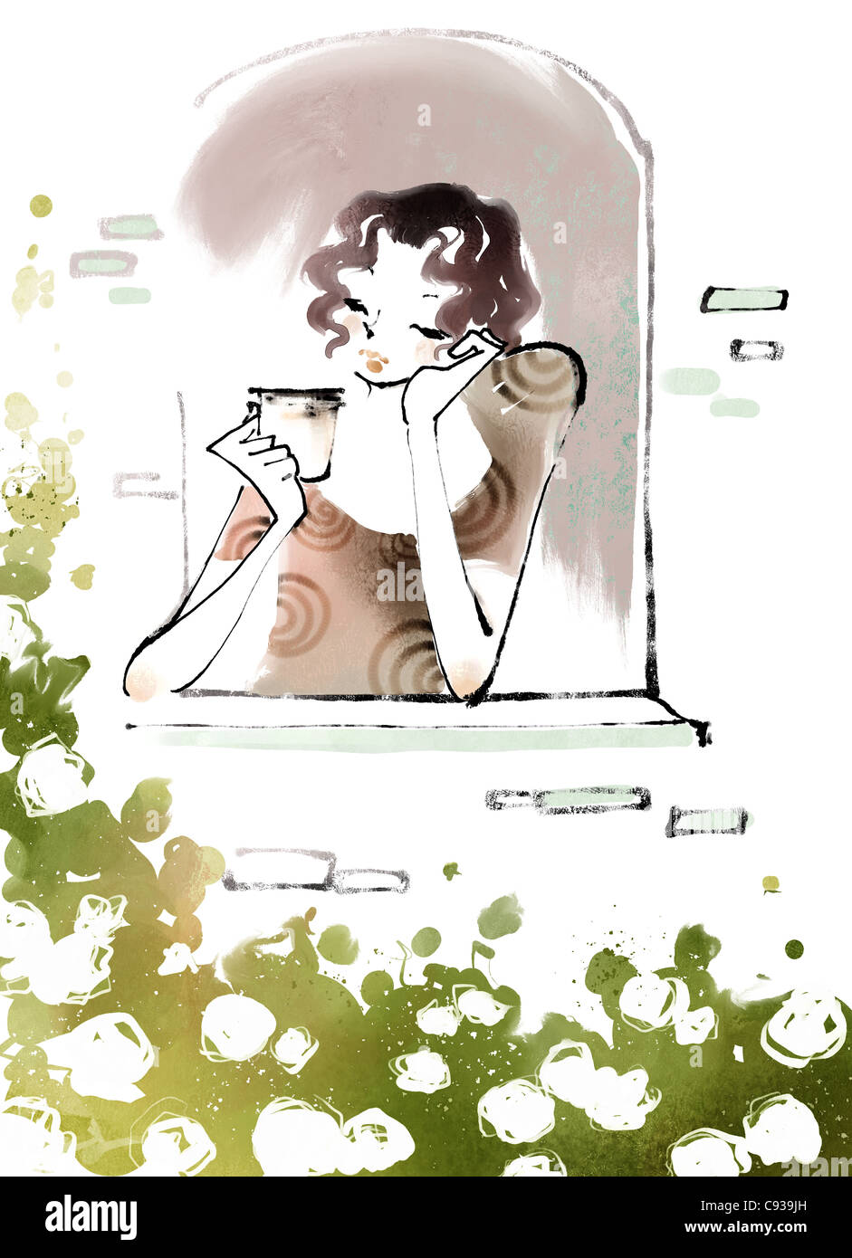Painting of woman standing at window drinking coffee Stock Photo - Alamy