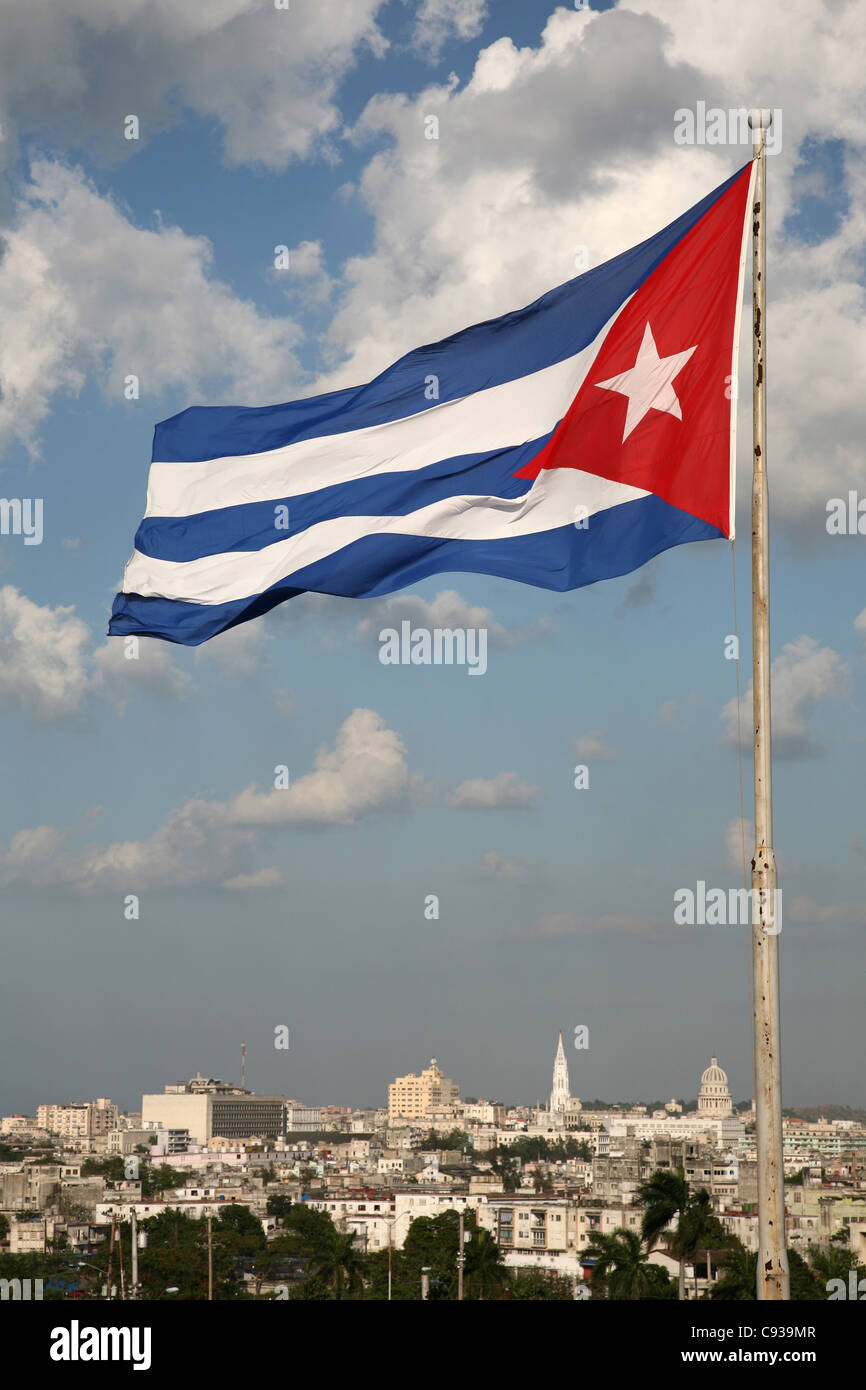 Cuban national flag at the Revolution Square in Havana, Cuba. The main ...
