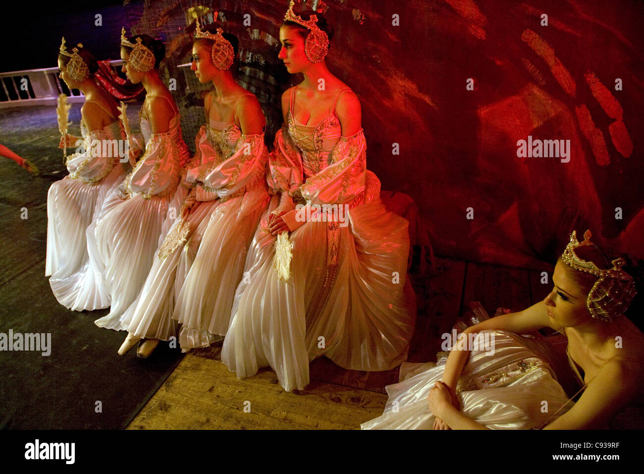 St.Petersburg, Russia; Ballet dancers resting between scenes in the ...