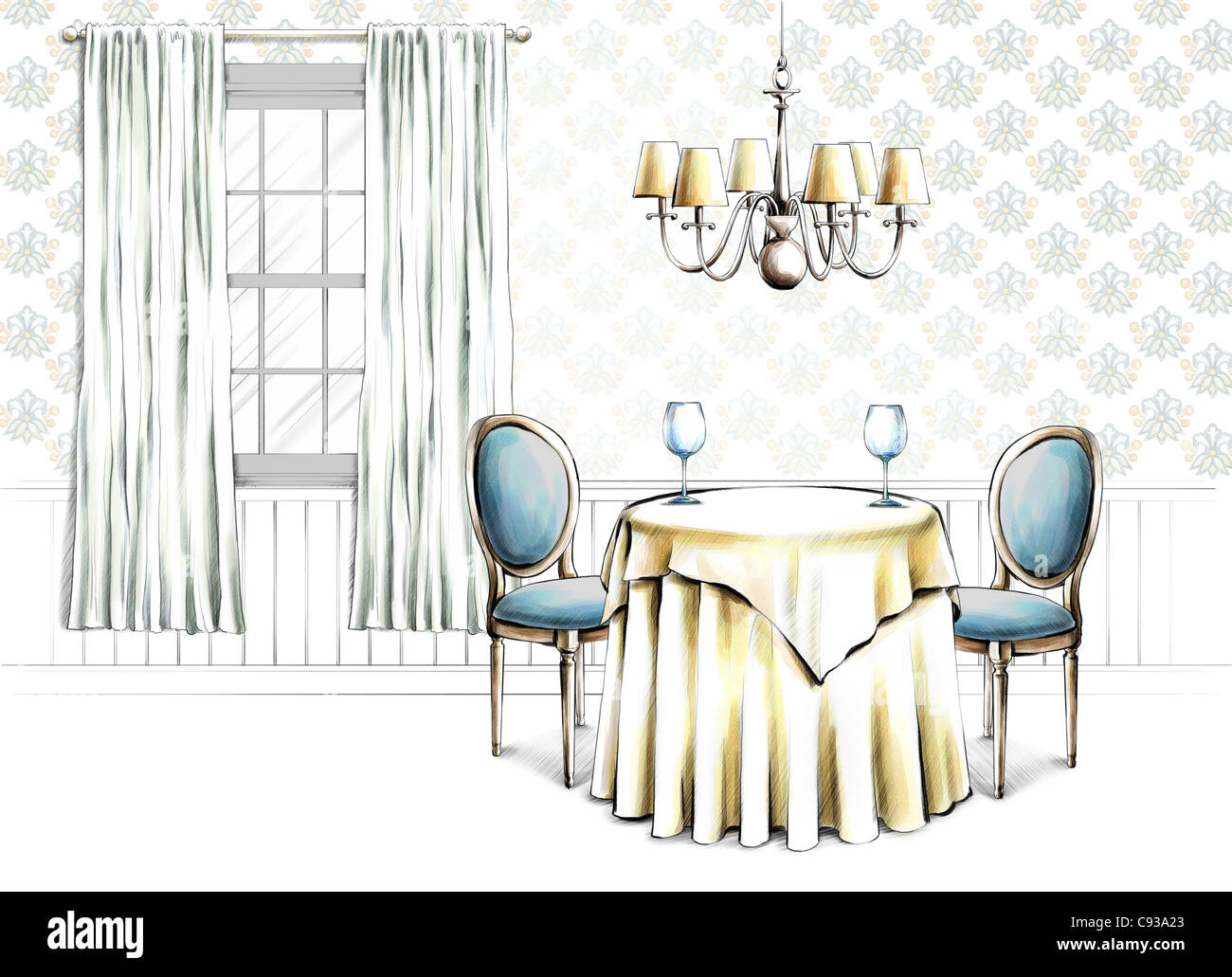 Empty dining table with two wineglass Stock Photo - Alamy