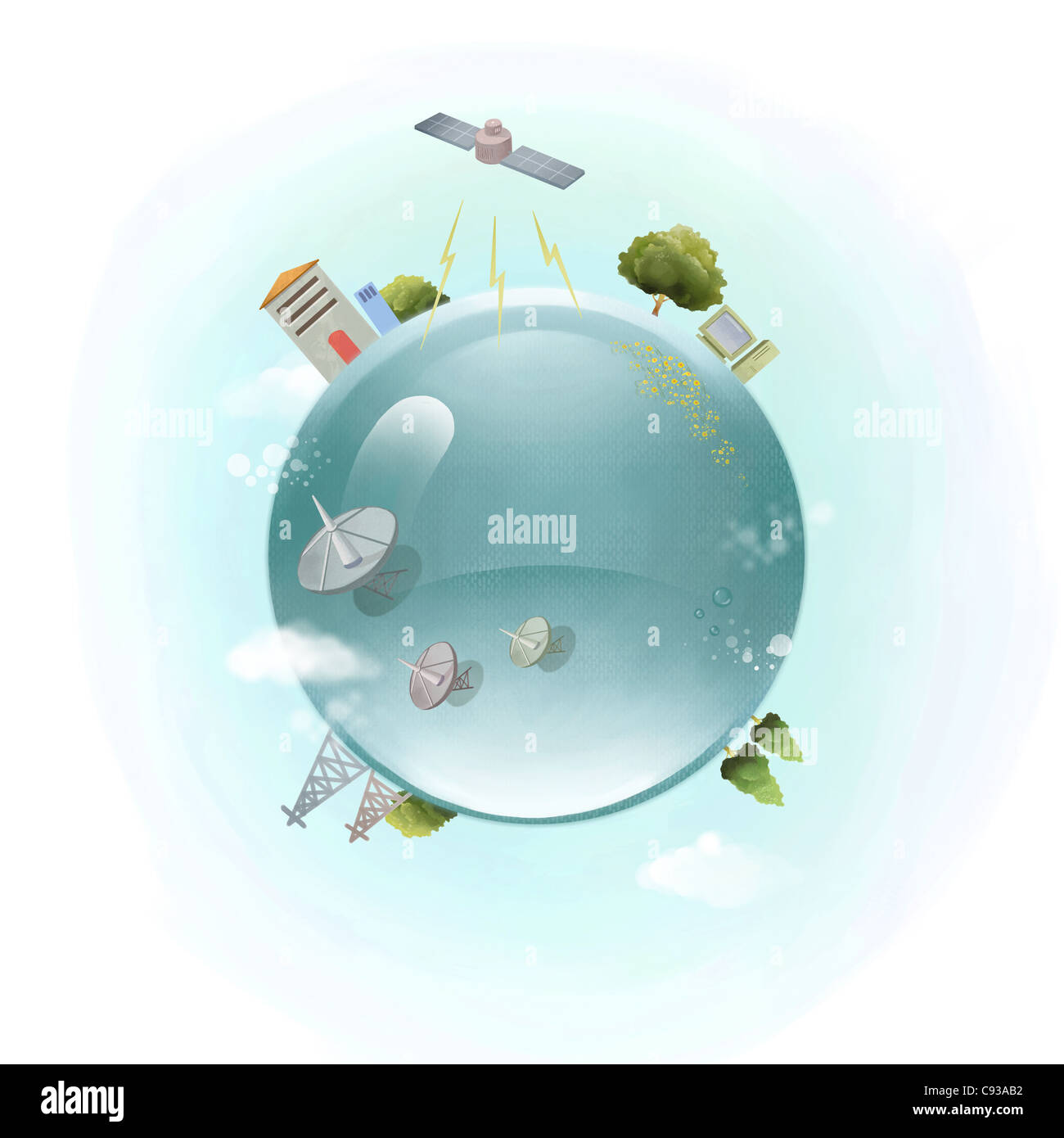 Communication satellite with satellite dish on turquoise color sphere ...